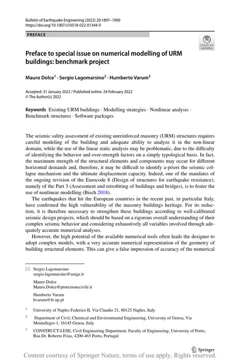 Pdf Preface To Special Issue On Numerical Modelling Of Urm Buildings Benchmark Project
