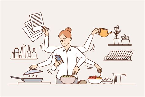 Multitasking And Time Management Concept Young Smiling Woman With Six