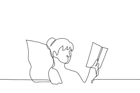 여자는 침대에 누워 종이책을 읽고 있고 머리는 머리판에 놓인 베개 위에 있다 취침 시간 독서 개념 아날로그 책과 책 애호가 선에 대한 스톡 벡터 아트 및 기타 이미지