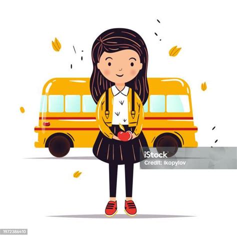 여고생과 노란색 스쿨 버스 학교 아이 만화 벡터 일러스트 레이 션으로 돌아 가기 걷기에 대한 스톡 벡터 아트 및 기타 이미지