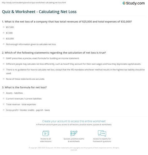 quiz and worksheet calculating net loss