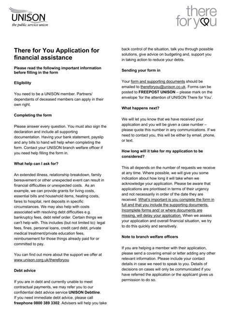 Unison Welfare Application For Financial Assistance Form There For You