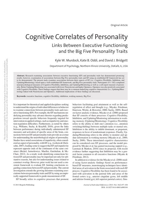 Pdf Cognitive Correlates Of Personality Links Between Executive Functioning And The Big Five