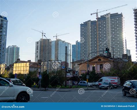 Street Scene Architecture Of The Modern City Contrast On The Street Sidewalk With Pedestrians