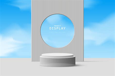 3d 푸른 하늘과 구름 배경 회색 3d 투명 유리 실린더 연단 받침대 또는 배경 중간에 원형 둥근 구멍이있는 제품 디스플레이 스탠드 3d 기하학적 형태 디자인 0명에 대한
