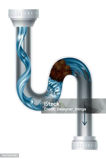 파이프 배수구 및 클렌저 병이 막혔습니다 물이 튀는 운하 튜브 배관 막힘 수리 진흙으로 막힌 배수관 배수에 대한 스톡 벡터 아트