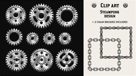 Set With Monochrome Detailed Vintage Design Elements Silver Gears Metal Chains Pattern Brushes