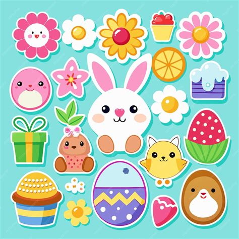 Cute Easter Stickers Bunny Flowers And Treats Premium Ai Generated Vector