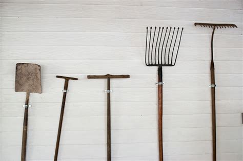 정원에서 작업을 위한 도구는 흰색 페인트를 그린 나무 벽에 부착 되어 있습니다 포크 Rakes 삽 체 여름 커피 정원에서 일 합니다 갈퀴에 대한 스톡 사진 및 기타 이미지