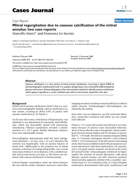 Pdf Mitral Regurgitation Due To Caseous Calcification Of The Mitral Annulus Two Case Reports