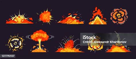 폭탄 폭발과 폭발 만화 불타는 세트 만화 책 쾅 충돌 파우 충돌 효과 만화책에 대한 스톡 벡터 아트 및 기타 이미지 만화책 불 총격 동작 활동 Istock