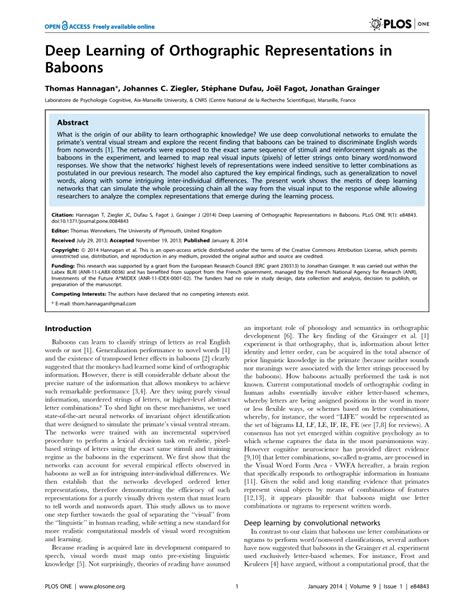 Pdf Deep Learning Of Orthographic Representations In Baboons