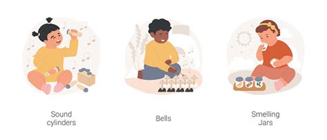 몬테소리 유치원의 청각 감각 고립 된 만화 벡터 일러스트 레이 션 세트 감각 지각에 대한 스톡 벡터 아트 및 기타 이미지