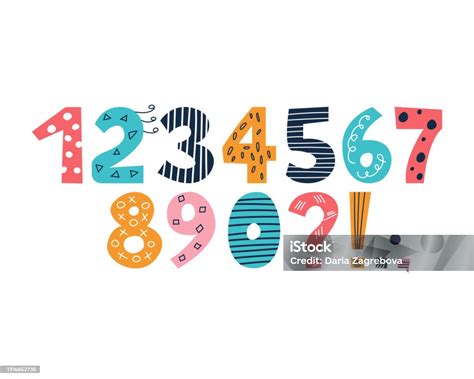 흰색 배경에 낙서의 스타일에 문장 부호와 밝은 다색 숫자 0에서 9까지 의 귀여운 벡터 세트 어린이 포스터 엽서 의류 및 인테리어장식 0에 대한 스톡 벡터 아트 및 기타