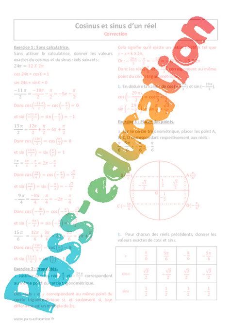 Cosinus Sinus 2nde Exercices Corrigés Sur Les Fonctions Trigonométrie Pdf à Imprimer