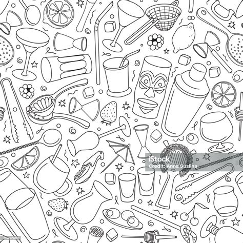 손으로 그린 낙서 만화 스타일의 바 칵테일 도구 액세서리 악기 와 같은 셰이커 안경 S트레이너 지거 벡터 원활한 패턴 일러스트 배경 목테일에 대한 스톡 벡터 아트 및 기타