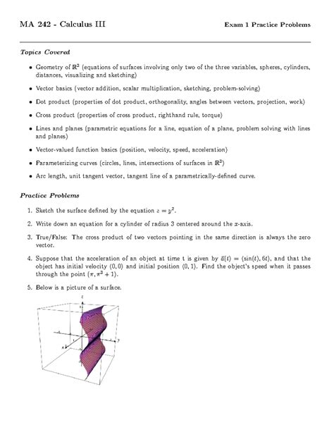 Exam 1 Practice Problems Ma 242 Calculus Iii Exam 1 Practice Problems Topics Covered