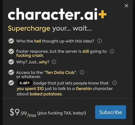 Character Ai Subscription Popup But Its More Humorous And Relatable Rcharacterai
