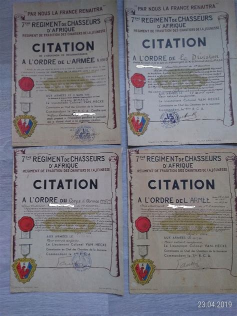 4 Citations Dun Officier Du 7e Rca