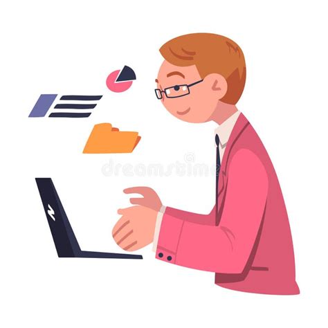 Man Character With Laptop Working With Information Analyzing Data And Browsing Internet Vector