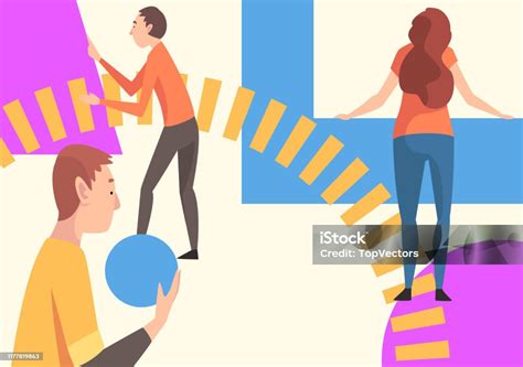 다채로운 추상 기하학적 모양을 조직 하는 젊은 이들이 남자와 여자 들고 다른 그림 벡터 그림 개념에 대한 스톡 벡터 아트 및