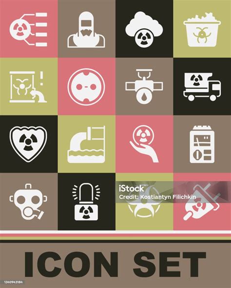 방사선 전기 플러그 도시미터 방사선 물질 산성 비 및 방사성 구름 전기 콘센트 방사성 폐기물 배럴 및 산업 파이프 밸브 아이콘이