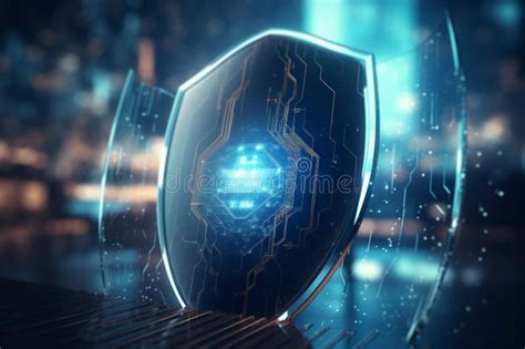 Digital Cyber Security Concept Shield On Circuit Board Background With Blue Lights Abstract