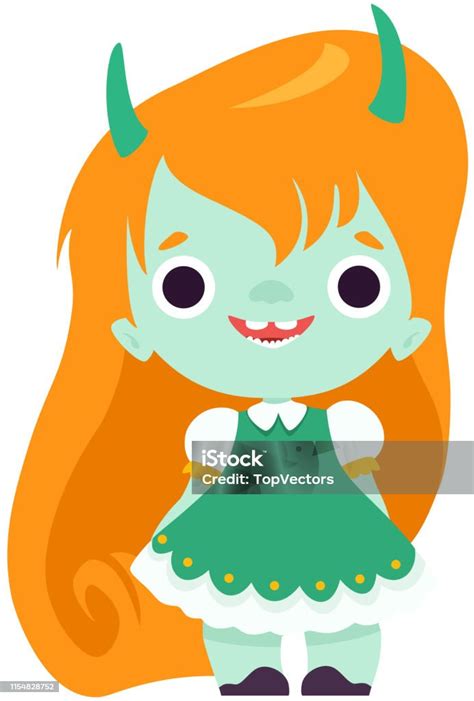 귀여운 뿔의 트롤 소녀 사랑 스러운 웃는 판타지 생물 캐릭터와 긴 오렌지 머리 벡터 일러스트 레이 션 가공의 인물에 대한 스톡