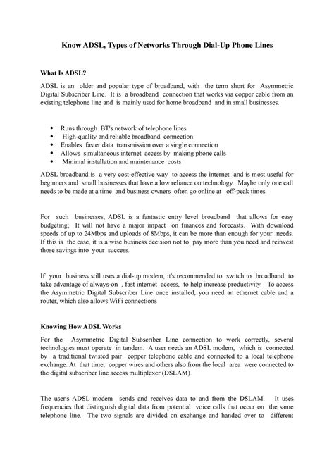 Know ADSL Types Of Networks Through Dial Up Phone Lines It Is A Broadband Connection That