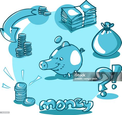 돈 돼지 저금통을 설정 하 고 돈을 아이콘 만화 스타일 손으로 그린 벡터 일러스트 레이 션 0명에 대한 스톡 벡터 아트 및 기타