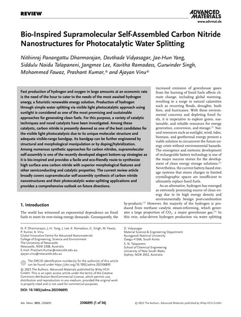 Pdf Bio‐inspired Supramolecular Self‐assembled Carbon Nitride Nanostructures For