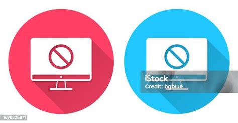 기호가 없는 데스크탑 컴퓨터입니다 빨간색 또는 파란색 배경에 긴 그림자가 있는 둥근 아이콘 개념에 대한 스톡 벡터 아트 및 기타 이미지 Istock