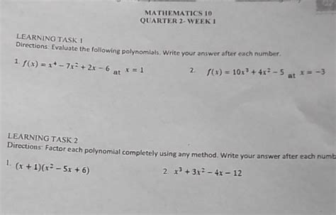 Solved Mathematics 10 Quarter 2 Week 1 Learning Task 1 Directions