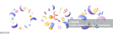 색종이 조각 3d 파티는 흰색 배경에 설정되어 있습니다 파티 일러스트레이션 놀라움 축하 선물 생일 초대장을 위한 다채로운 색상의 축제 템플릿 만화 스타일의 사실적인 벡터