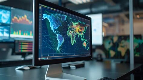 Computer Monitor Displaying A Detailed World Map Premium Ai Generated