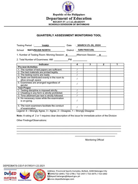 Depedbats Cid F 017 Quarterly Assessment Monitoring Tool 3rd Q 2324 Pdf