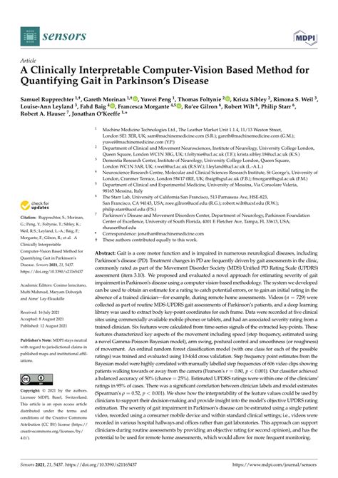 Pdf A Clinically Interpretable Computer Vision Based Method For Quantifying Gait In Parkinson
