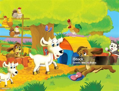 염소가 개와 암탉과 함께 즐거운 시간을 보내는 농장 생활 아이들을 위한 그림 개에 대한 스톡 벡터 아트 및 기타 이미지 개 고기 과일 Istock