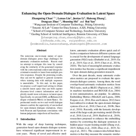 Enhancing The Open Domain Dialogue Evaluation In Latent Space Acl Anthology