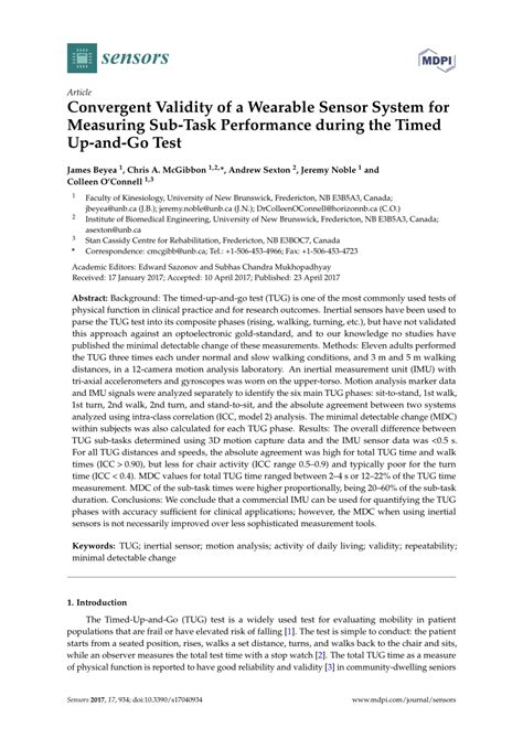 Pdf Convergent Validity Of A Wearable Sensor System For Measuring Sub Task Performance During