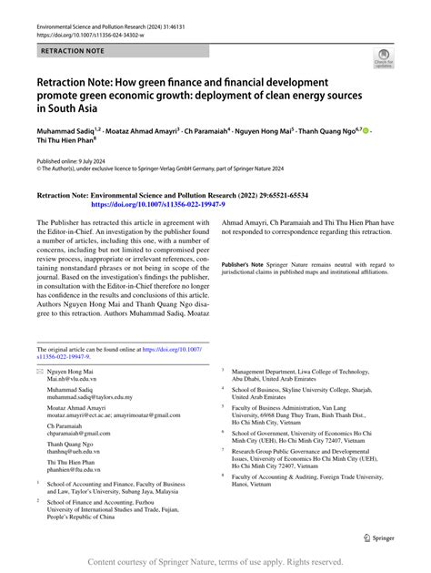 Retraction Note How Green Finance And Financial Development Promote