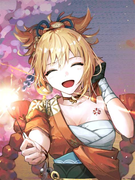 Pretty Girl Yoimiya Playing With Sparklers Genshin Impact K Wallpaper Download