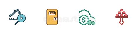 Set Global Economic Crisis Prison Cell Door Dollar Rate Decrease And Gold Bars Icon Vector