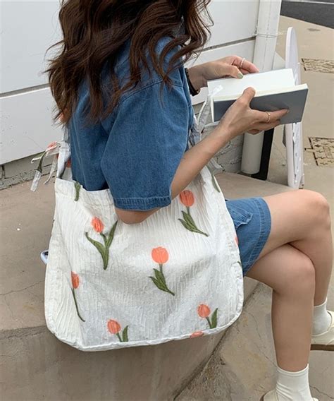플라워 튤립 패턴 폴리 파우치 토트백 숄더백 크로스백 가벼운 에코백 가방
