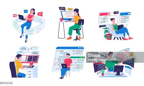 프로그래머 및 코더 편안한 조건에서 컴퓨터 및 랩톱으로 작업하는 백엔드 소프트웨어 엔지니어 전문가 프로그래밍 또는 코딩 디지털 코드를 작성하는 벡터 개발자 컴퓨터