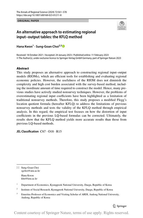 An Alternative Approach To Estimating Regional Inputoutput Tables The Kflq Method