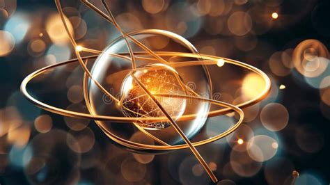 The Artwork Illustrates An Intricate Atom At Its Center With Luminous Particles Orbiting Around