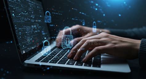 Hands Typing On A Laptop Keyboard With Digital Locks Superimposed