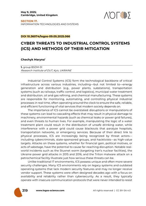 Pdf Cyber Threats To Industrial Control Systems Ics And Methods Of Their Mitigation