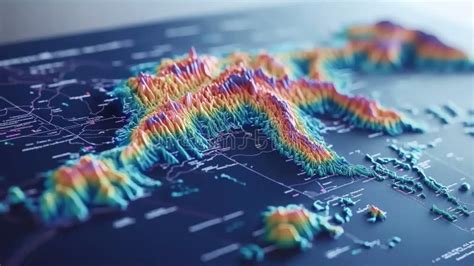 Colorful 3d Digital Map Showcasing Terrain Features And Elevation Stock